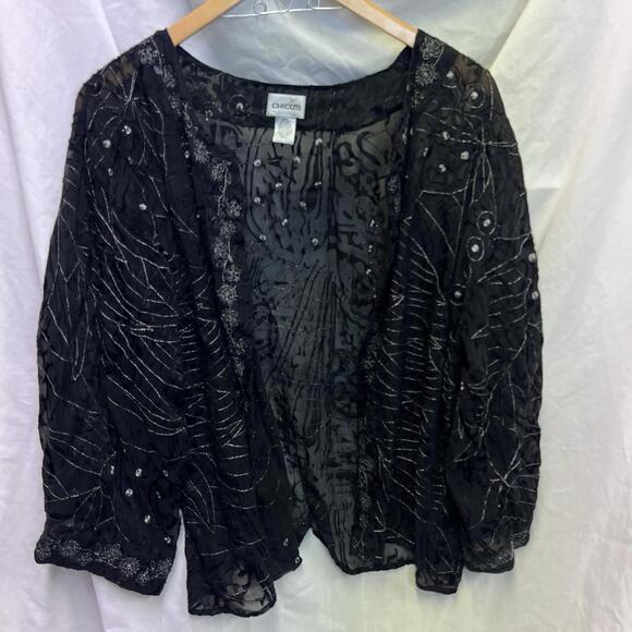 Chico's | Tops | Chicos Black White Butterfly Embroidered Sheer Open ...